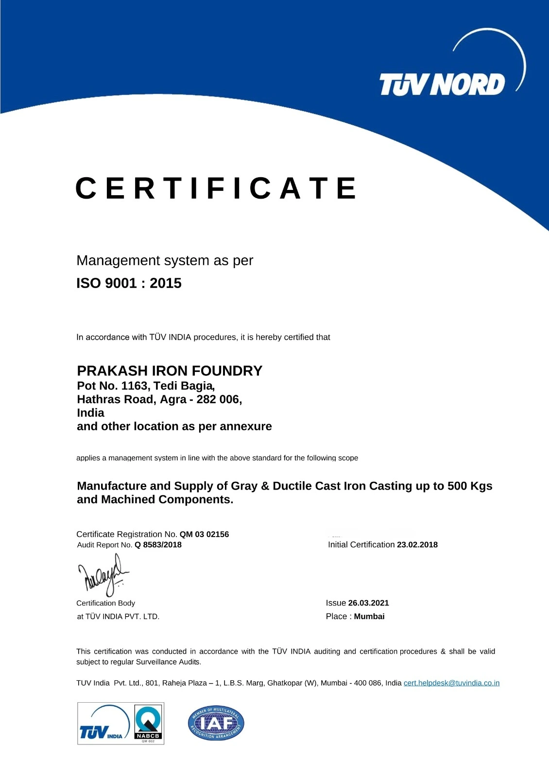 Certification | Welcome To Prakash Iron Foundry